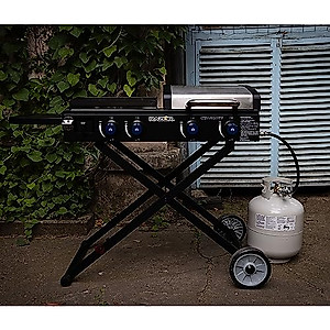 Razor Griddle Portable 4-Burner 40,000 BTU Gas Grill & Griddle Combo with 16" x 16" Cooking Surface Area, Foldable Cart & Steel Lid, Black
