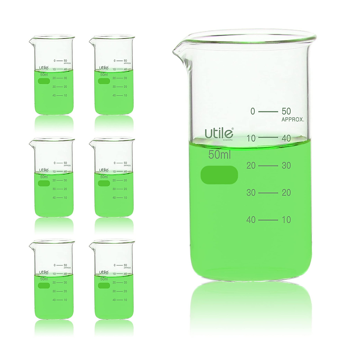 Utile 6pcs of 1.7oz(50ml) Tall Form Glass Beakers, Shot Glass, Borosilicate 3.3 Glass with Printed Graduation, 4001.0050.6