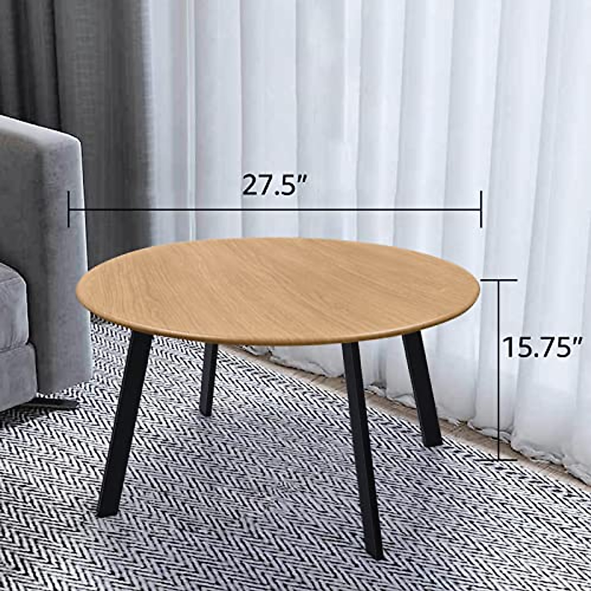 Meluvici Patio Coffee Table, Weather Resistant Outdoor Side Table Waterproof Round Metal Steel Large Table for Garden, Faux Wood Grain Table Top