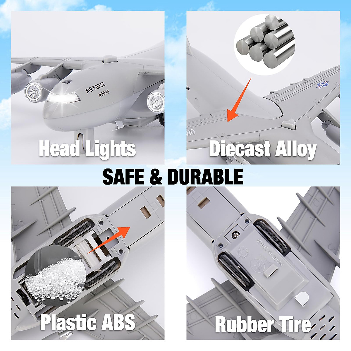 Crelloci Air Force Diecast Plane Toy with Lights & Sounds Pull Back, Grey Metal Military Model Airplane, Army Aircraft Fighter Toy, Play Vehicle for Kids Boys Toddlers Ages 3+