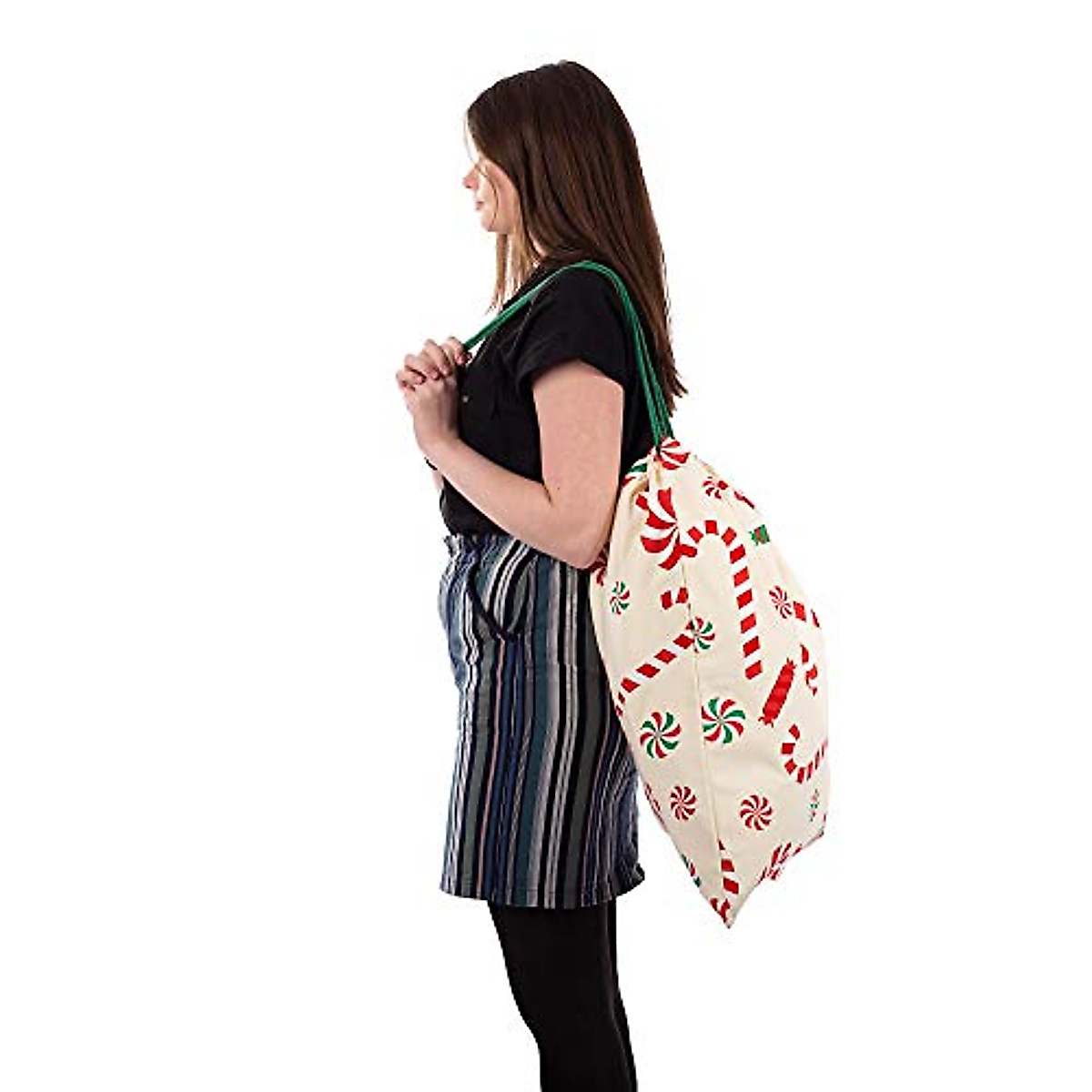 Pudgy Pedro's Party Supplies - Christmas Canvas Gift Bags - X-Large 26" x 19" Cream Peppermint Candy Cane - Jumbo Fabric Present Stocking - 1 ct