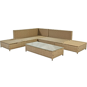 Merax Patio Furniture Sets Outdoor, All Weather PE Rattan Sofa with Adjustable Chaise Lounge, Seat Cushions and Tempered Glass Table, Beige