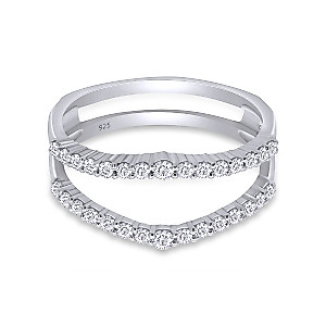 AFFY 0.50 Carat Round Sparkling White Cubic Zirconia Curve Enhancer Guard 14k White Gold Over Sterling Silver Ring Size-7