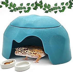 Hamiledyi Reptile Hide Box Leopard Gecko Hideout Cave with Sink Humidifier Lizards Hideaway Hut Flexible Leaves Pet Habitat Decor for Snakes Leopard Spiders Turtles Amphibians