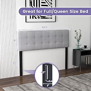 KOMFOTT Linen Upholstered Headboard for Full & Queen Size Bed Frame, Modern Tufted Button Bed Headboard with Solid Rubber Wood Legs, Rectangular Headboard with Adjustable Width, Gray