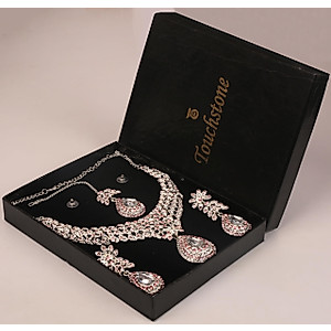 Touchstone Indian wedding jewelry sets for women necklace bollywood jewellery set pink and silver desi bridal designer necklaces earrings artificial joyeria rhinestone crystal fancy in white tone