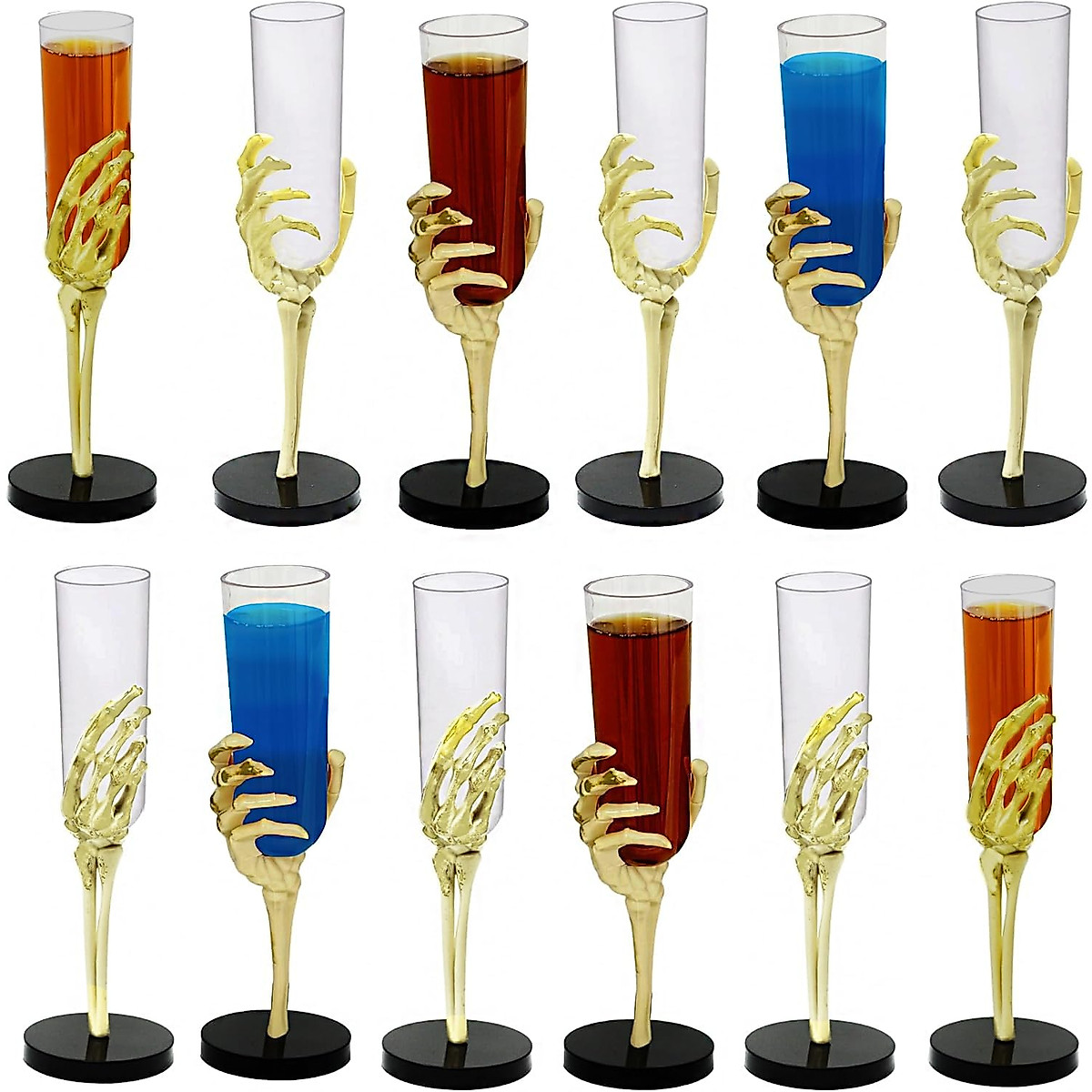 4E's Novelty Skeleton Hand Flutes 12 Pack - Premium Clear Plastic Halloween Champagne Cocktail Goblets (2.7oz) BPA-Free Drinking Glasses for Spooky Parties, Halloween Skeleton Wine Glasses