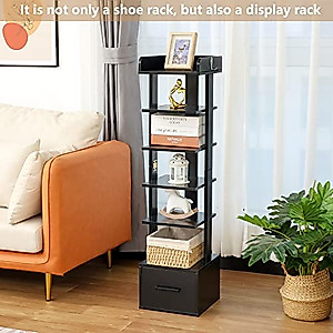 usikey 6 Tiers Vertical Shoe Rack, Entryway Wooden Shoe Rack with Bottom Drawer & Extra Top Storage, Tall Shoe Rack Organizer, Space Saving Shoe Tower, Shoe Storage Stand for Small Space, Black