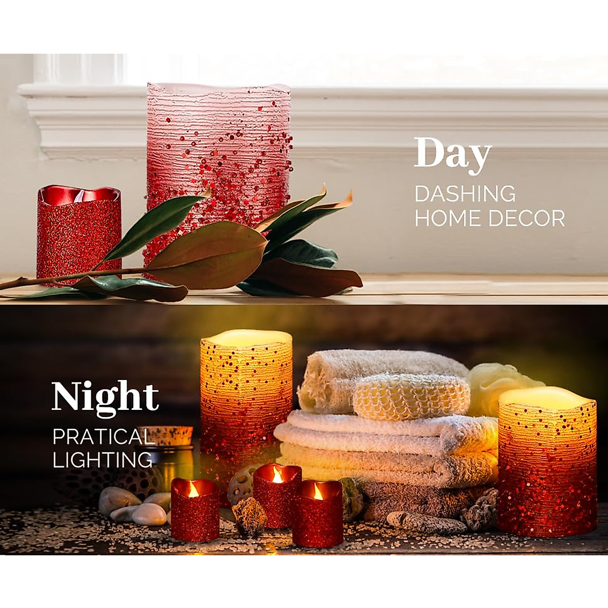Furora LIGHTING Red Glitter Real Wax LED Candles with Remote and Timer, 4 Pillars and 4 Votives Pack of 8, Flameless Flickering Candles for Home Décor, Battery Included