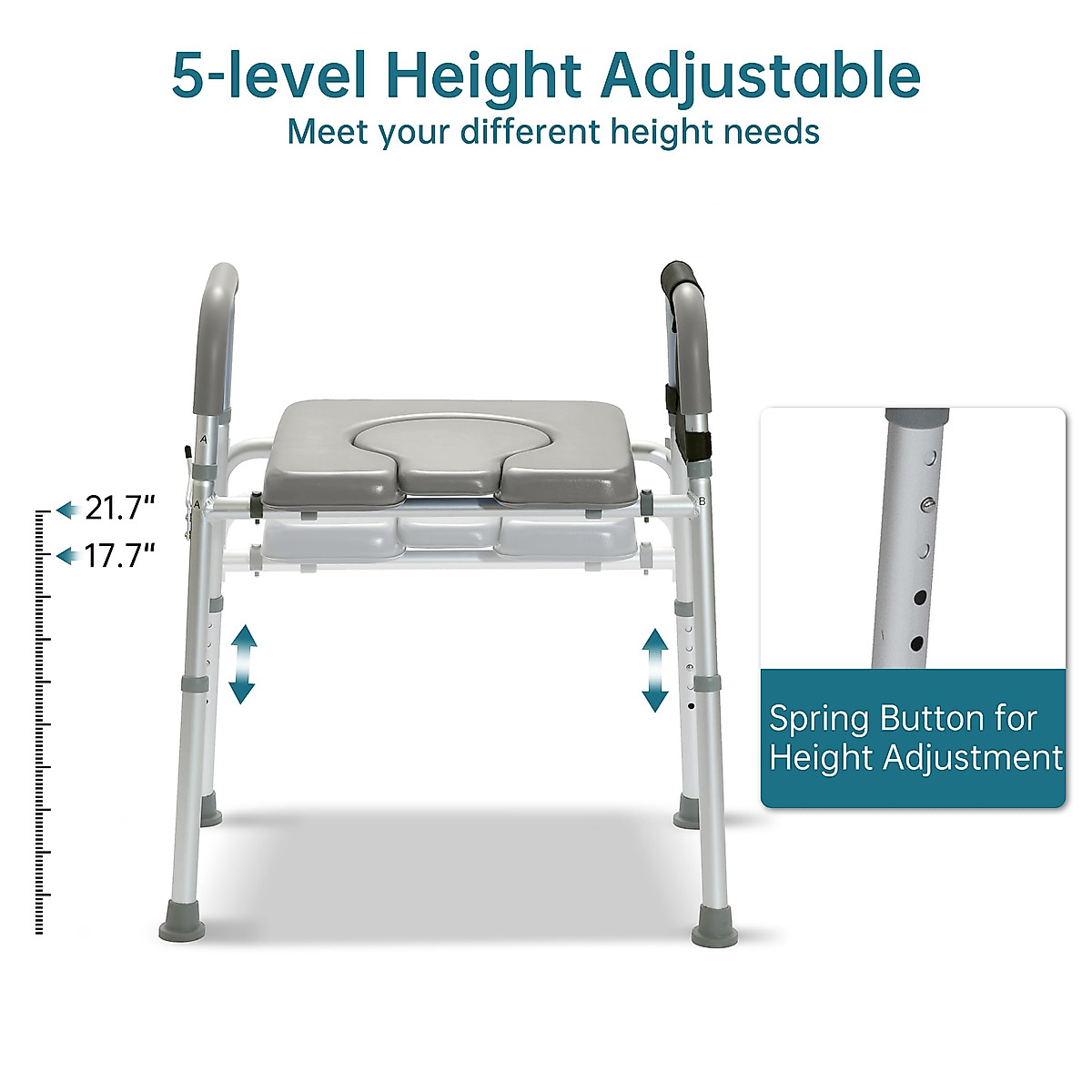 ELENKER Raised Toilet Seat with Armrests and Padded Seat, Elevated Toilet Seat for Elderly and Disabled, Adjustable Height, Grey