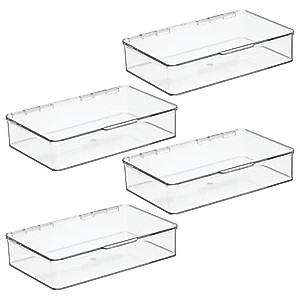 mDesign Plastic Stackable Storage Organizer Bin with Hinged Lid for Bathroom, Cabinet, Drawer, Under Sink, Shelf Organization Holds Medicine, Bath Essentials, Cleaning Supplies - 4 Pack - Clear