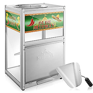 Olde Midway Nacho Chip Warmer Machine with Scoop, Commercial Grade Stainless Steel Concession Stand Display with Glass Door