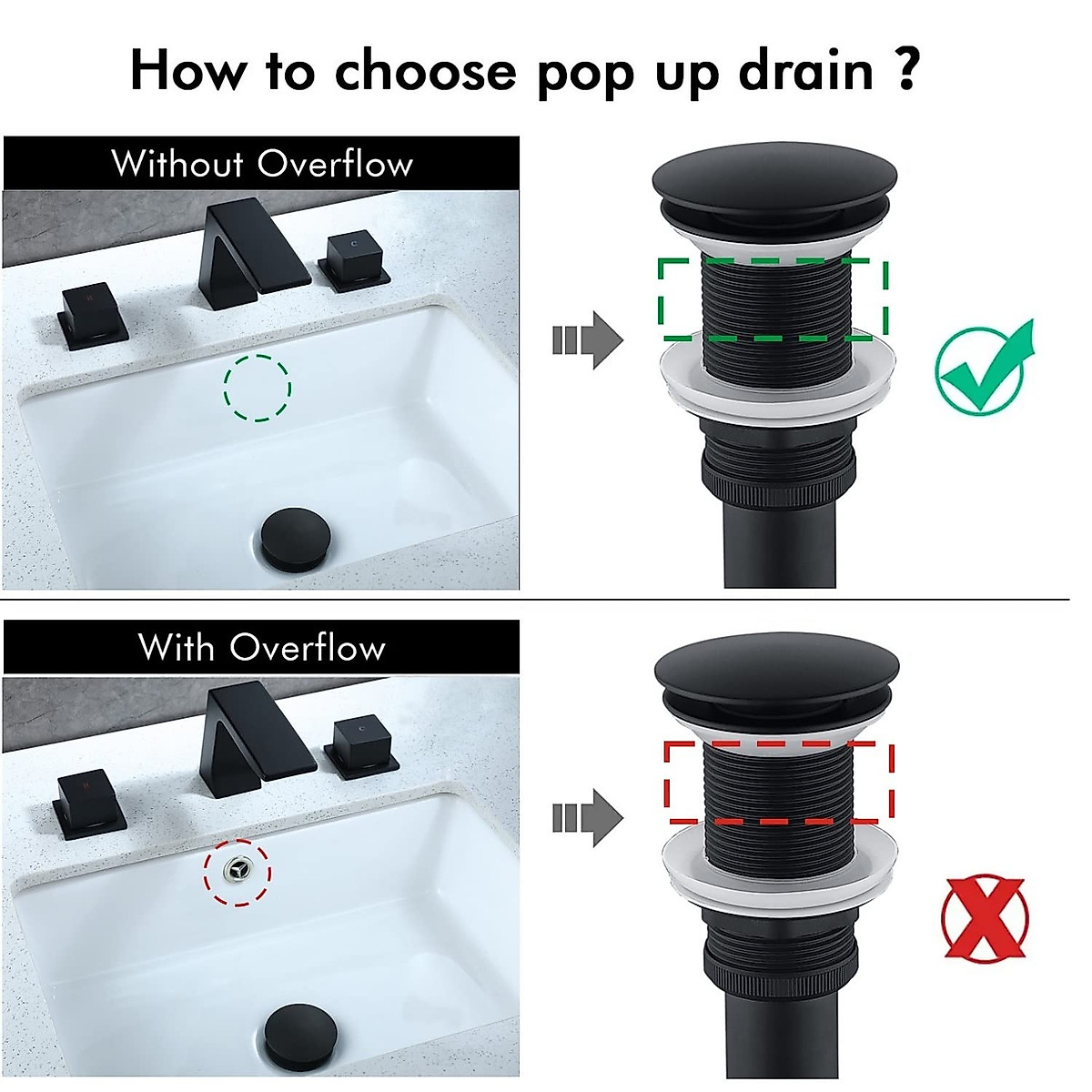 JOYWELL Pop Up Drain Matte Black Bathtoom Sink Drain Without Overflow Brass Bathtoom Sink Stopper with Anti Clog Filter