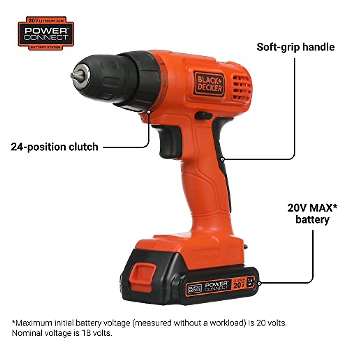BLACK+DECKER 20V MAX* POWERCONNECT Cordless Drill Kit + 100 pc. Kit (BDC120VA100), Orange
