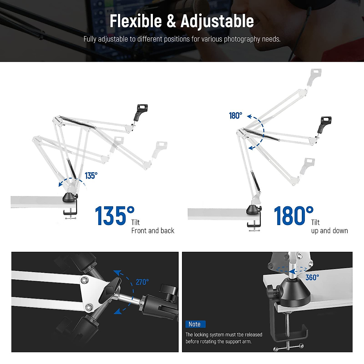 NEEWER Microphone Arm Stand, Suspension Boom Scissor Microphone Arm Stand with 3/8 Inch to 5/8 Inch Screw and Cable Ties, Compatible with Blue Yeti Snowball Yeti X Quadcast etc. Max. Load 1.5 kg
