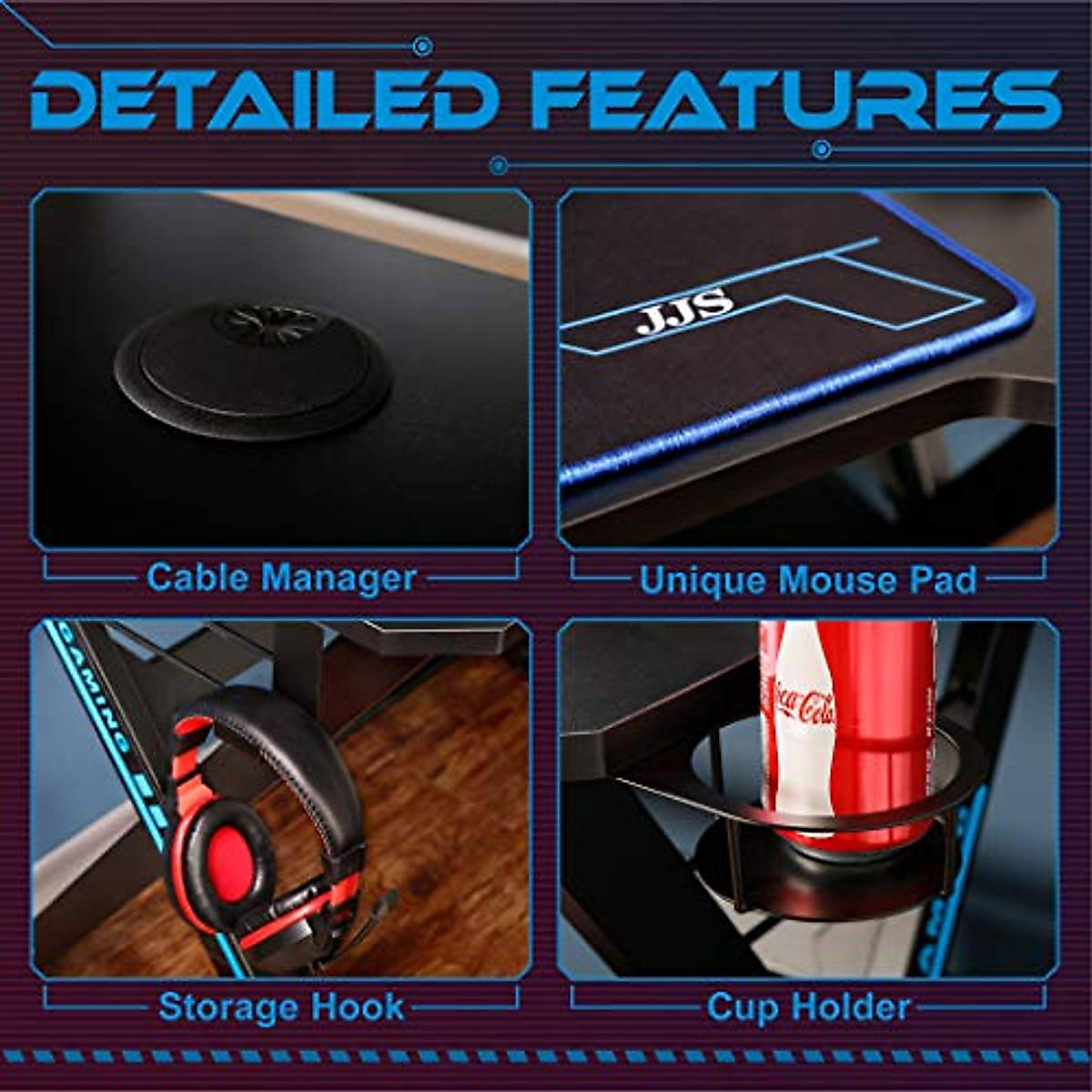 JJS 48" Home Office Gaming Computer Desk with Removable Monitor Stand, X Shaped Large Gamer Workstation PC Table with Cup Holder Headphone Hook Speaker Storage Free Mouse pad, Black