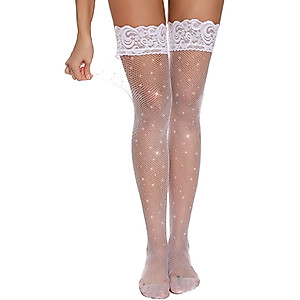 RSLOVE Women Thigh High Stocking Silicone Lace Top Pantyhose Socks Sexy Sparkly Rhinestone Fishnets Stocking White