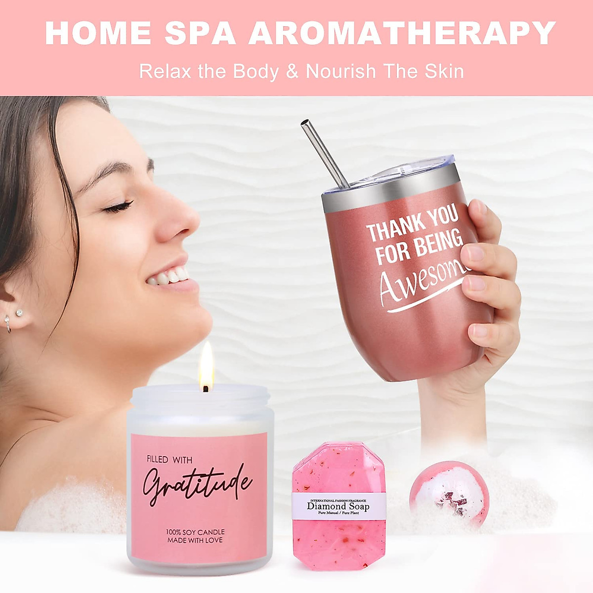 Thank You Gifts Box for Women, Thoughtful Unique Spa Appreciation Gift Basket for Coworker Boss Employee Hostess Teacher Secretary Nurse Volunteer Doctor Friend, Best Gratitude Gifts for Her (Pink)