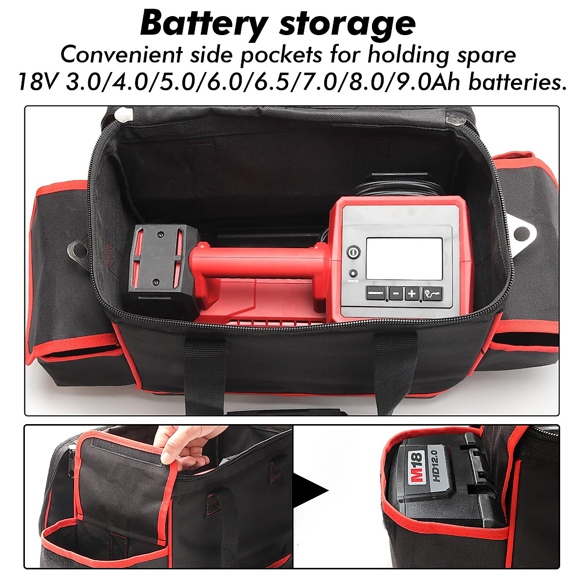 Air Compressor Bag, Compatible with Milwaukee M18 Inflator 2848-20, Air Pump and Battery Charger Carrying Box for Milwaukee, Holds 18V 3.0/4.0/5.0/6.0/6.5/7.0/8.0/9.0 Ah Battery, Black, Bag Only