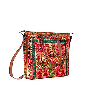 changnoi Embroidered Tote Bag with Adjustable Leather Crossbody Strap