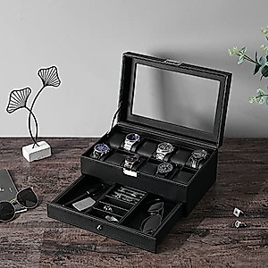 BEWISHOME Watch Box Organizer with Valet Drawer - Real Glass Top, Adjustable Tray, Metal Hinge, Carbon Fiber Design - 12 Slots Watch Storage Case for Men, Black SSH02C