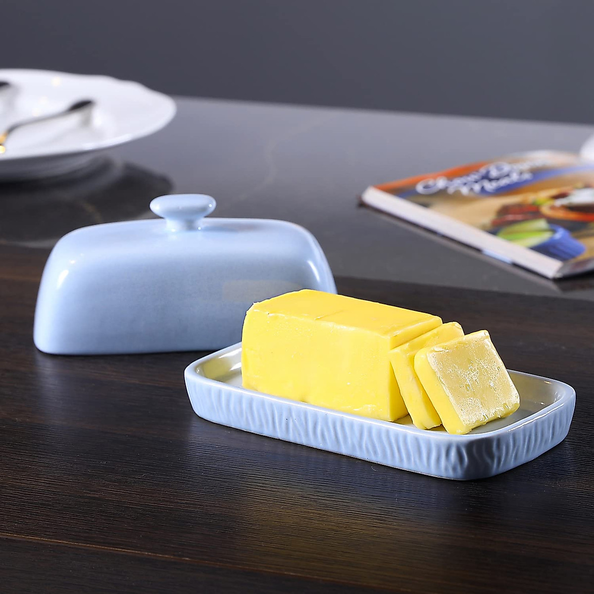 MyGift Sky Blue Ceramic Butter Dish with Lid, Butter Keeper Holder with Raised Sides and Etched Design, Rectangular East Coast Butter Stick Margarine Tray with Cover
