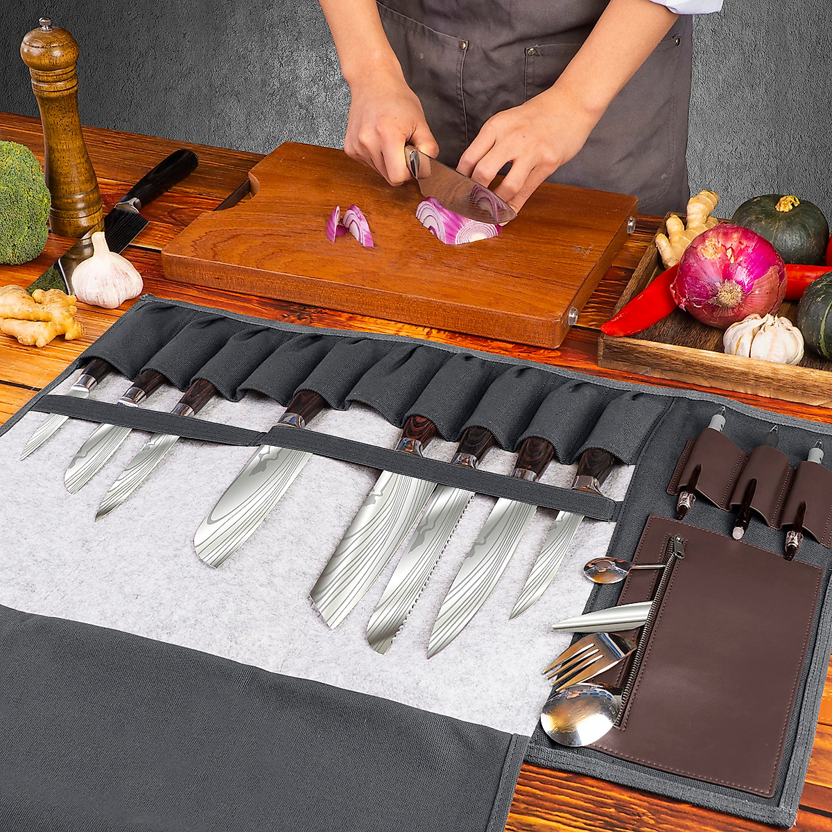 DEQIS Knife Roll Chef Waxed Canvas Bag Storage 13 Slots and 1 Large Zipper Pocket Carry Shoulder Strap Handle and Name Card Professional Folding Cooking Tools Case Organizer,Knives Not Included,Black