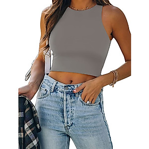 REORIA Women's Sexy Sleeveless High Neck Racerback Cropped Tank Tops Cute Teen Girls Halter Neck Crop Tops Vest Deep Grey Small
