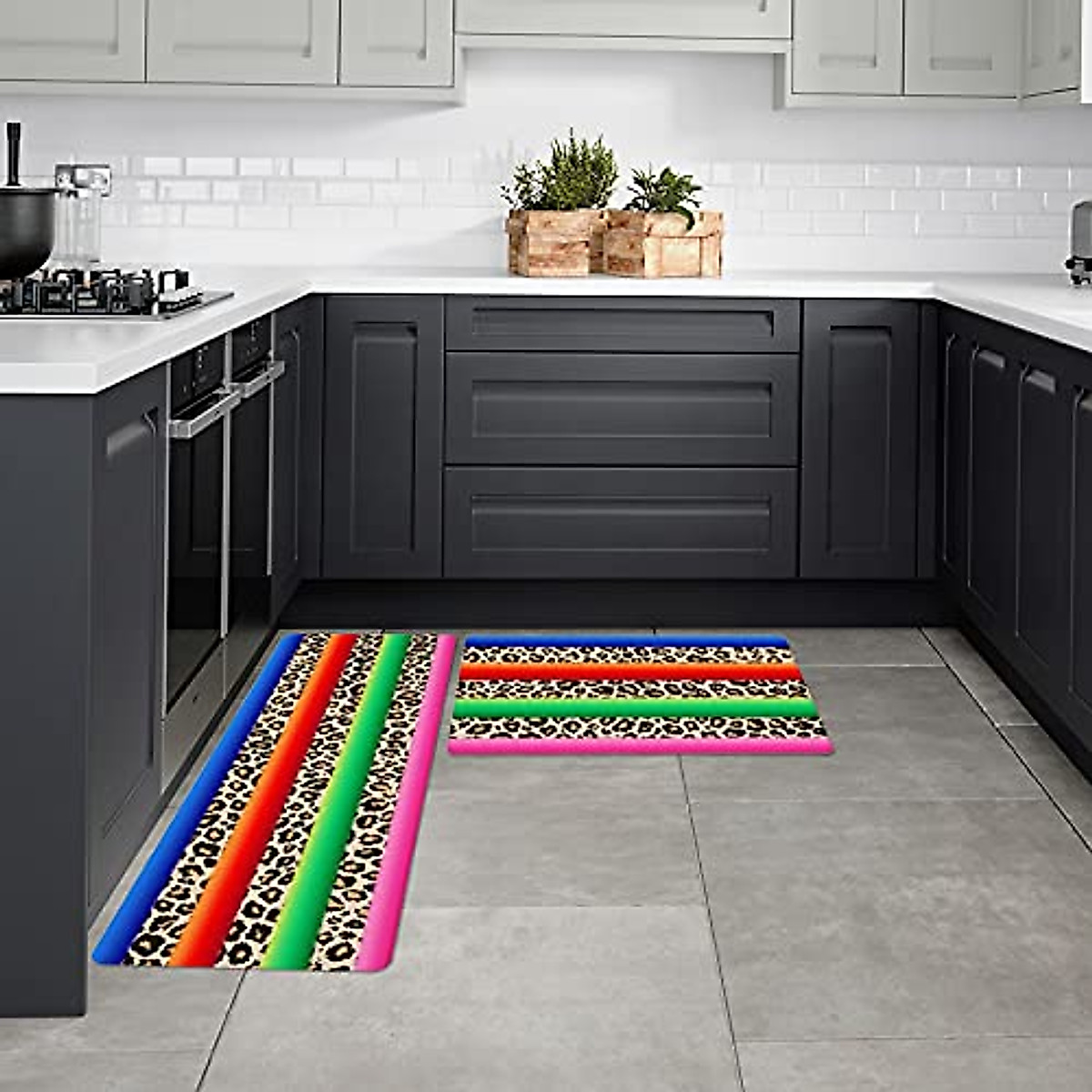 2 PCS Cushioned Anti-Fatigue Kitchen Mats and Rugs,Brown Cheetah Leopard Print Old-Fashioned Animal Skin Non-Slip Floor Bath Mat Accent Runner Rug Indoor Doormat Standing Comfort Mat Colorful Stripes