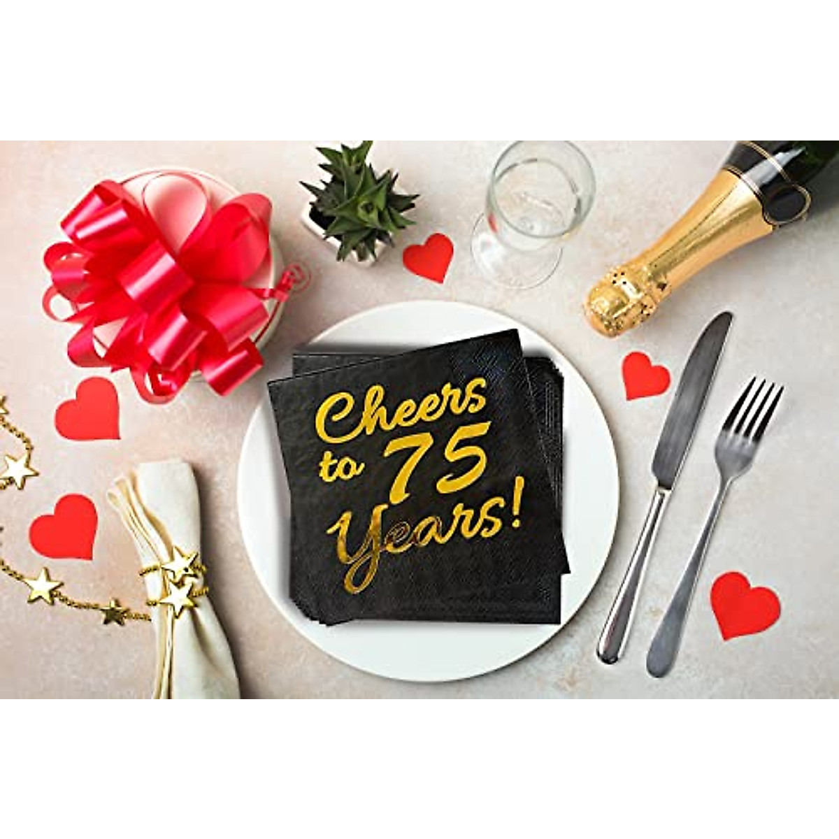 75th Birthday Decorations for Men Women Party Supplies Cocktail Napkins Black Gold 50 Pack,5"x 5" Folded, Cheers to 75 Years!