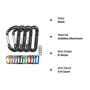 Gabbro Carabiner Clip Heavy Duty 2697lbs, 4 PCS 3" Large Lightweight Aluminum Caribeaners with Keychain Hook Ring Black
