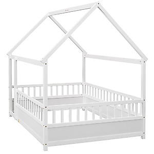 Wood Montessori Floor Bed Full Size, Full Floor Bed with Fence and Door, Full Size House Bed for Kids, Girls, Boys, White Montessori Bed Full Size