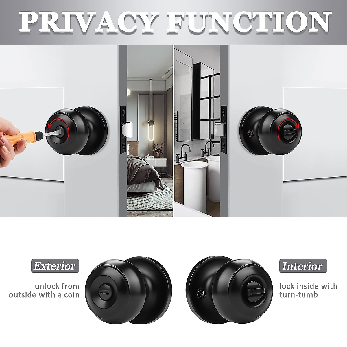Probrico 6 Pack Round Privacy Door Knob(Thumb Turn Lock on The Inside), Keyless Doorknobs Interior/Exterior Lockset,Privacy Knobs for Bedroom/Bathroom,Black Modern Design Door Hardware