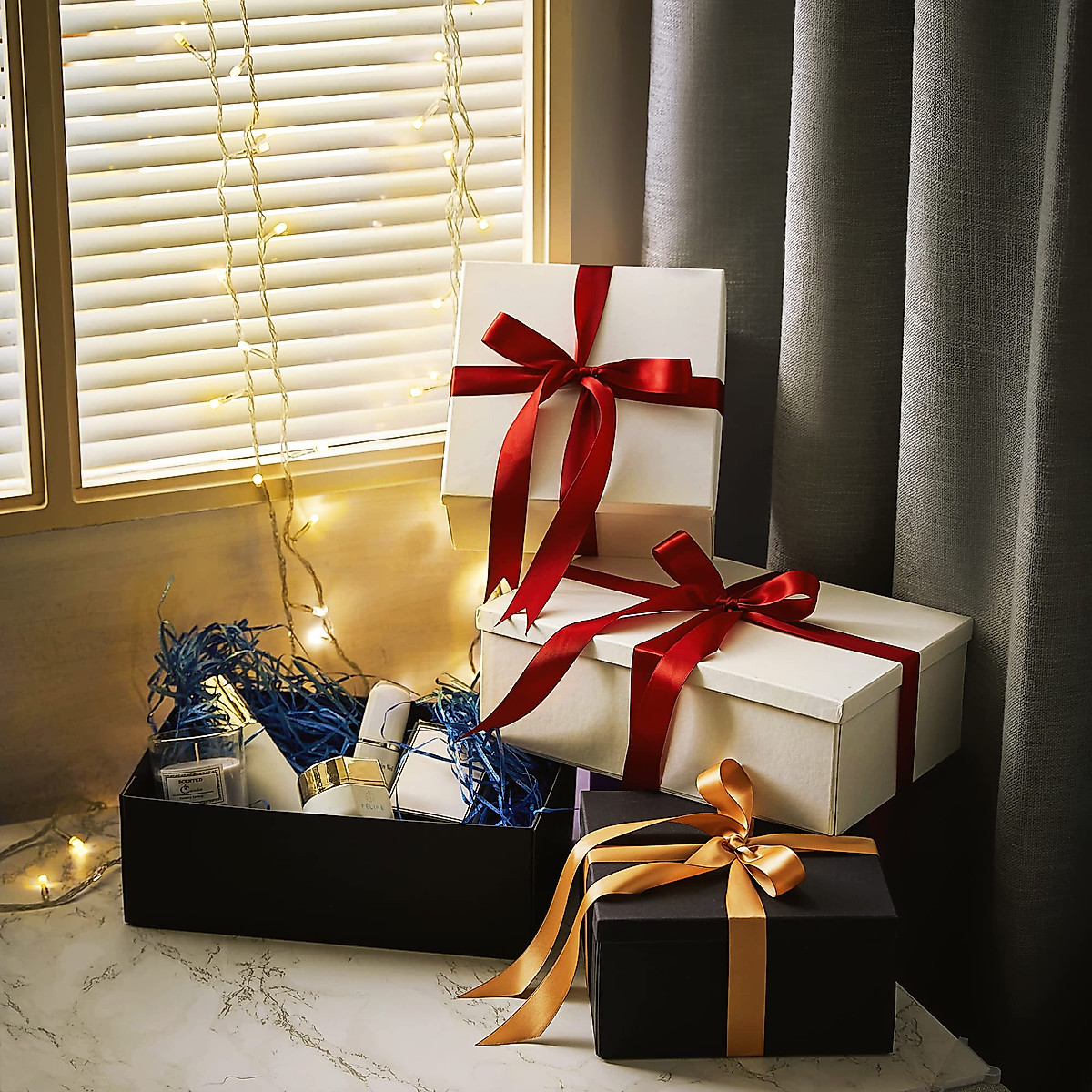 Beramon Gift Box 8" x 8" x 4", White Gift Boxes with Lids and Ribbon for Wedding Present, Bridesmaid Proposal Gift, Christmas Chocolate Gift Box