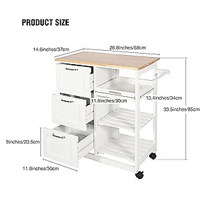 AKVOMBI Rolling Kitchen Island Cart with Wood Countertop, White Kitchen Trolley Carts on Wheels with 3 Drawers, Towel Rack, Adjustable Shelves
