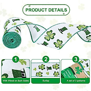 TONIFUL 3 roll Green and White Wired Burlap Ribbon, 2.5 inch x 6yd, Green Shamrock Leaves Good Luck Clover Wired Ribbons for St Patrick's Day Decor，Spring Summer Wreath Bows Crafts Gift Wrapping