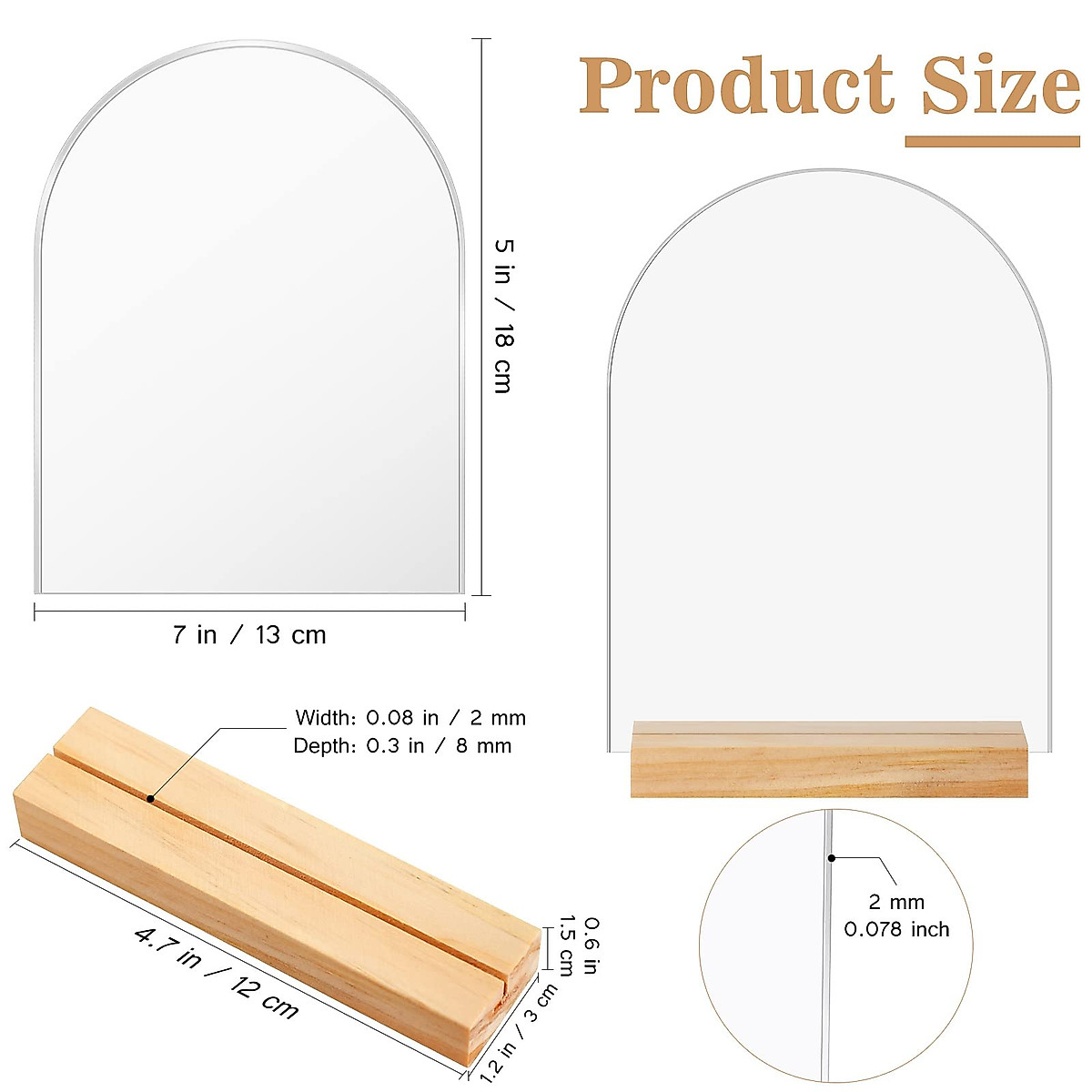 36 Packs 5 x 7 Inch Arch Acrylic Signs with Stand Clear Acrylic Sheets with Pine Wood Sign Holders Round Top Blank Acrylic Table Signs with Base for Wedding Party Events DIY Crafts Decorations