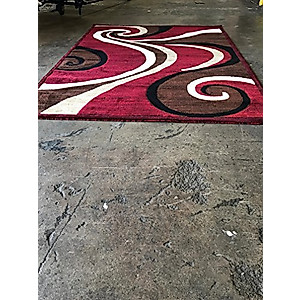 Modern Area Rug Red Contemporary Swirl Carpet King Design 144 (5 Feet 2 Inch X 7 Feet 3 Inch)
