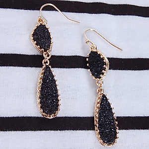 Humble Chic Simulated Druzy Drop Dangles - Long Double Teardrop Dangly Earrings for Women, Gold - Black Stone