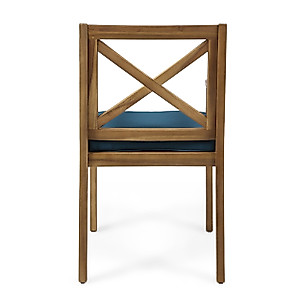 Christopher Knight Home Peter | Outdoor Acacia Wood Dining Chair Set of 2, Teak/Blue Cushion