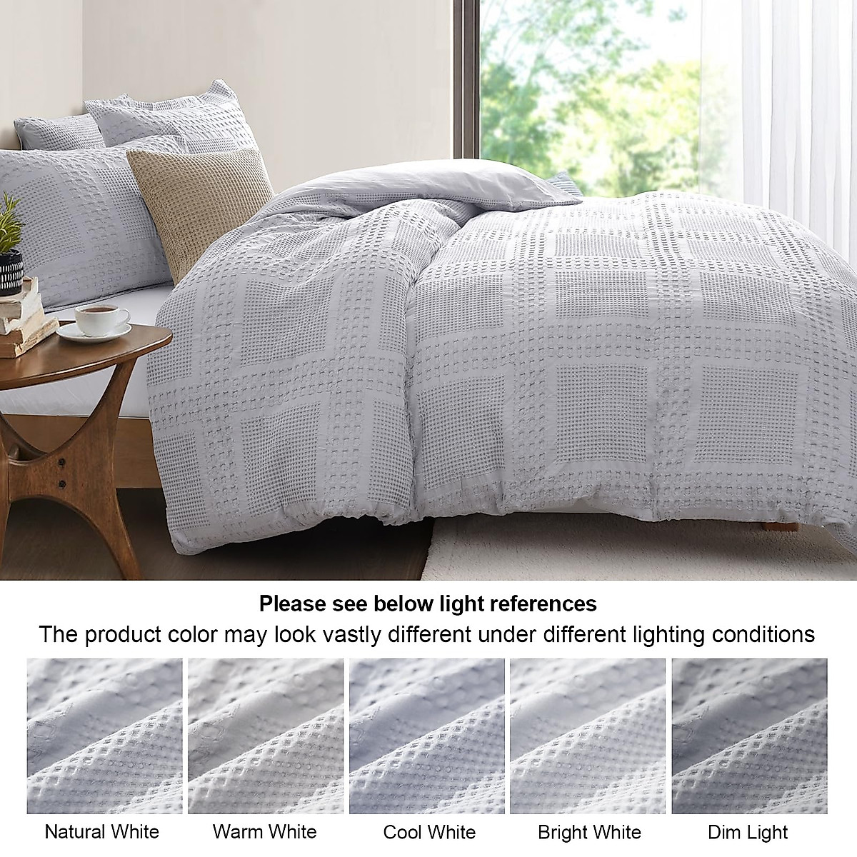 PHF 100% Cotton Waffle Duvet Cover Queen Size, 3 Pieces Soft Breathable Duvet Cover Set for All Season, Pre-Washed Decorative Textured Comforter Cover with 2 Pillow Shams, 90"x92", Light Grey