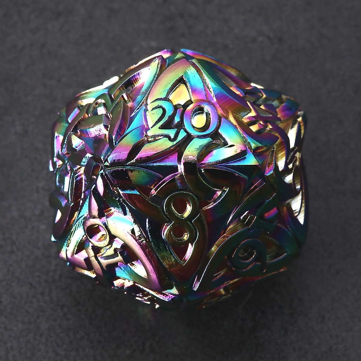 KakapopoTCG Endless Chaos Dice (Rainbow) D20 Dice with Celtic Knots Solid Metal Extra Large Extra Heavy for DND DnD5e TTRPG RPG Polyhedral Dice Bard Dice Sorcerer Wizard Dice