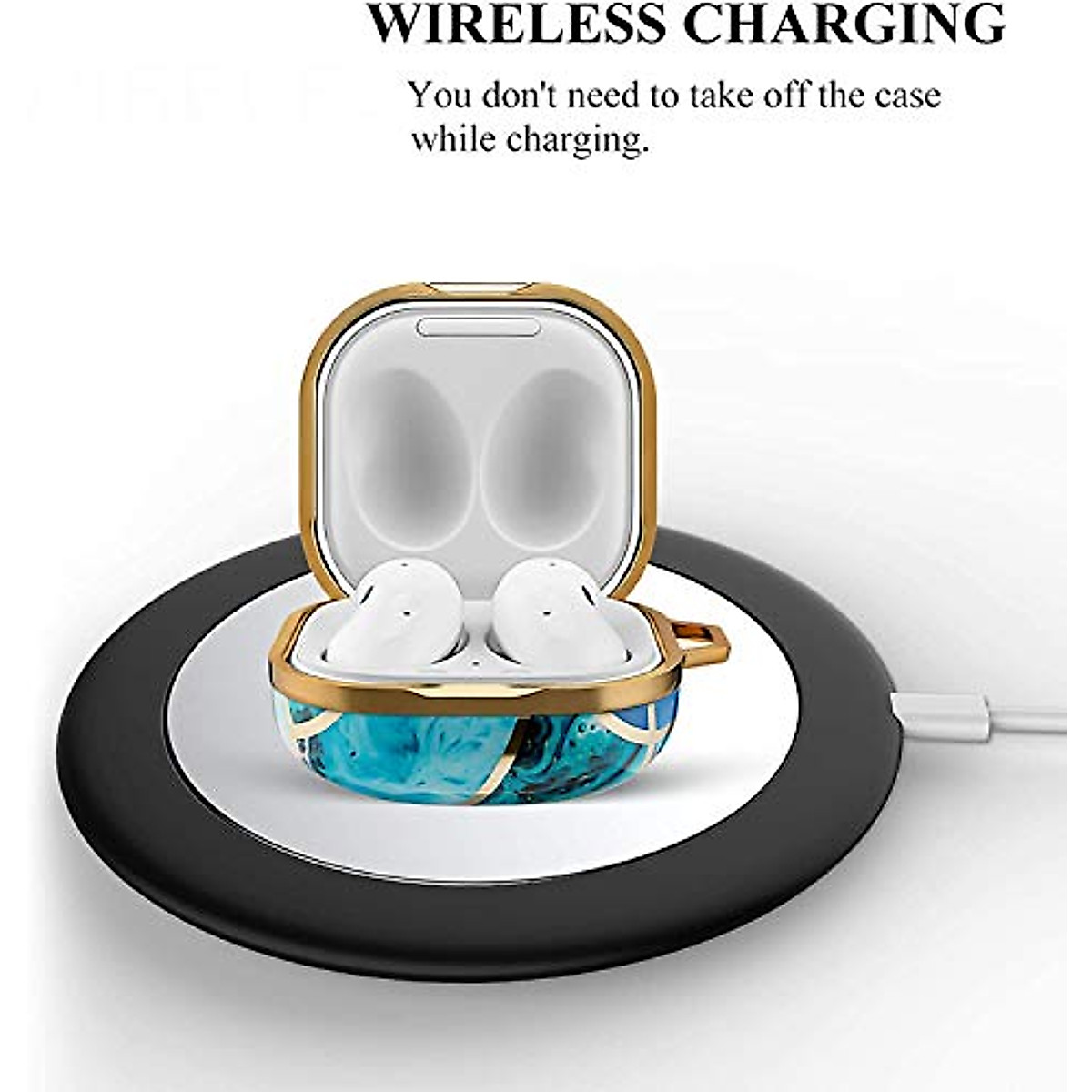 YOMPLOW Case Compatible with Samsung Galaxy Buds Live/Buds Pro - 2021 Hard Carrying Case Protective Wireless Charging Cover Skin with Keychain for Women&Girls (Blue Marble)