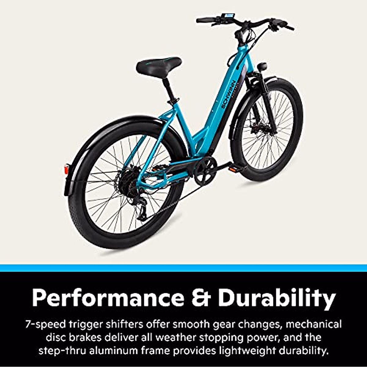 Schwinn Coston CE Hybrid Electric Bike for Adults, 20MPH eBike, Up to 35 miles on a Single Charge, 27.5-Inch Wheels, 7-Speed, Large/X-Large Step-Thru Frame, Gloss Teal