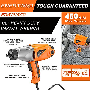 ENERTWIST 8.5A Electric Impact Wrench 1/2 Inch 450 N.M Max Torque Corded 4 Sockets Impact Wrench with Hog Ring Anvil