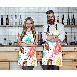 EKOBLA Donuts Aprons Pink Chocolate Lemon Donuts Dessert Colored Splashes Sprinkels Waterproof Resistant Chef Cooking Kitchen BBQ Adjustable Aprons for Women Men 27x31 Inch