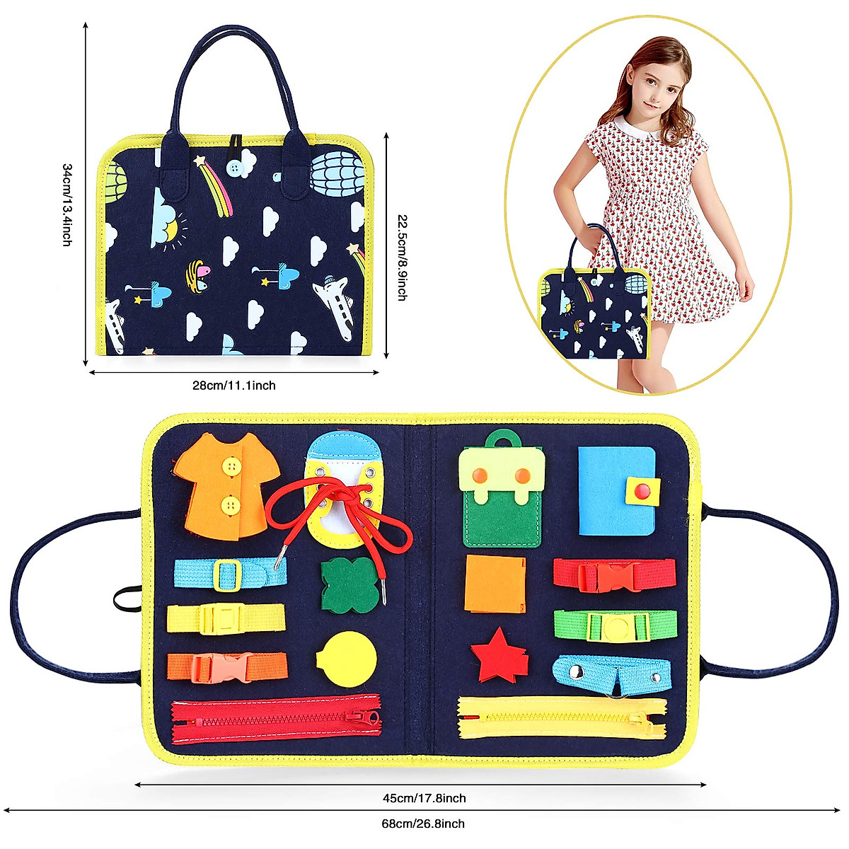 FBve Toddler Busy Board Montessori Toys Basic Skills Board for Toddlers Learning Dress, Educational Learning Toys, Bag Designed Enlighten Toy for Infants, Boys and Girls