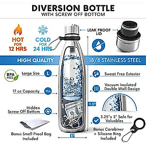 Travah Travel Water Bottle Stainless Steel Water Bottle with Storage for Cash, Keys, Valuables Insulated Water Bottle for Men and Women Hot and Cold Water Bottle Leak-Proof Water Bottle (Silver)