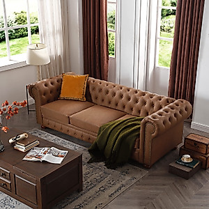 FIQHOME Classic Chesterfield, Modern 3 Seater Sofa, Living Room, Upholstered Tufted Back Settee Couch with Rolled Arms Nailhead Trim,Brown Faux Leather