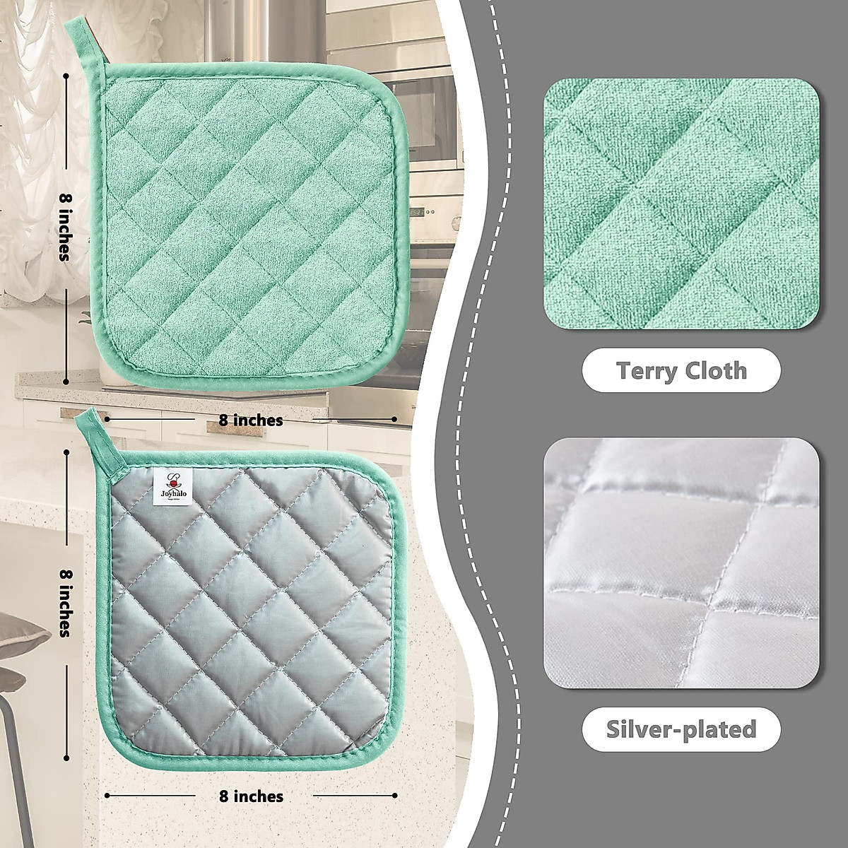 Joyhalo Oven Mitts with Cotton Lining and Non Slip Silicone Stripes - 500 Degrees Heat Resistant Gloves for Oven, Grill, Flexible & Extra Long Kitchen Hot Pot Holder for Baking, Cooking, Wine